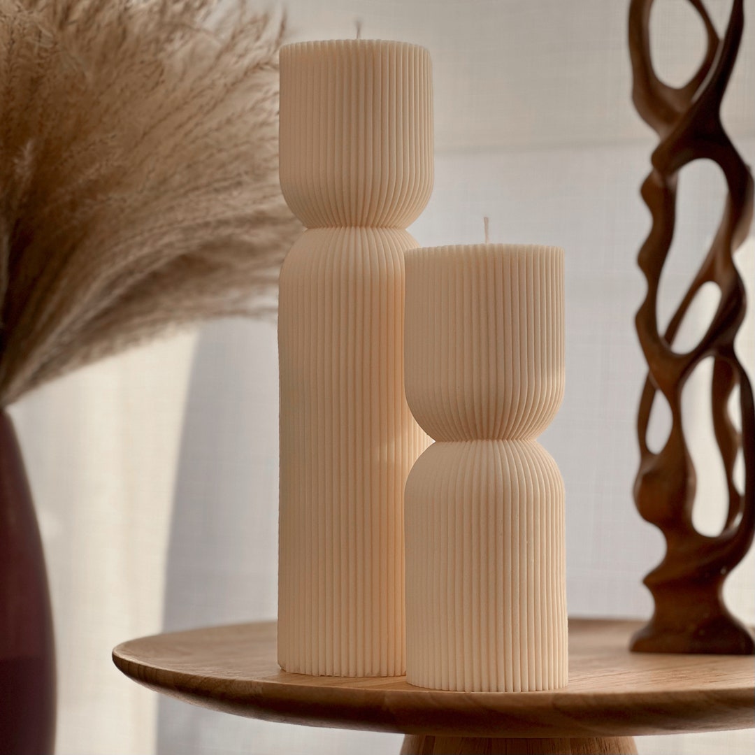 Ribbed Hourglass Pillar Candle| Sculptural Striped Candle| Aesthetic ...