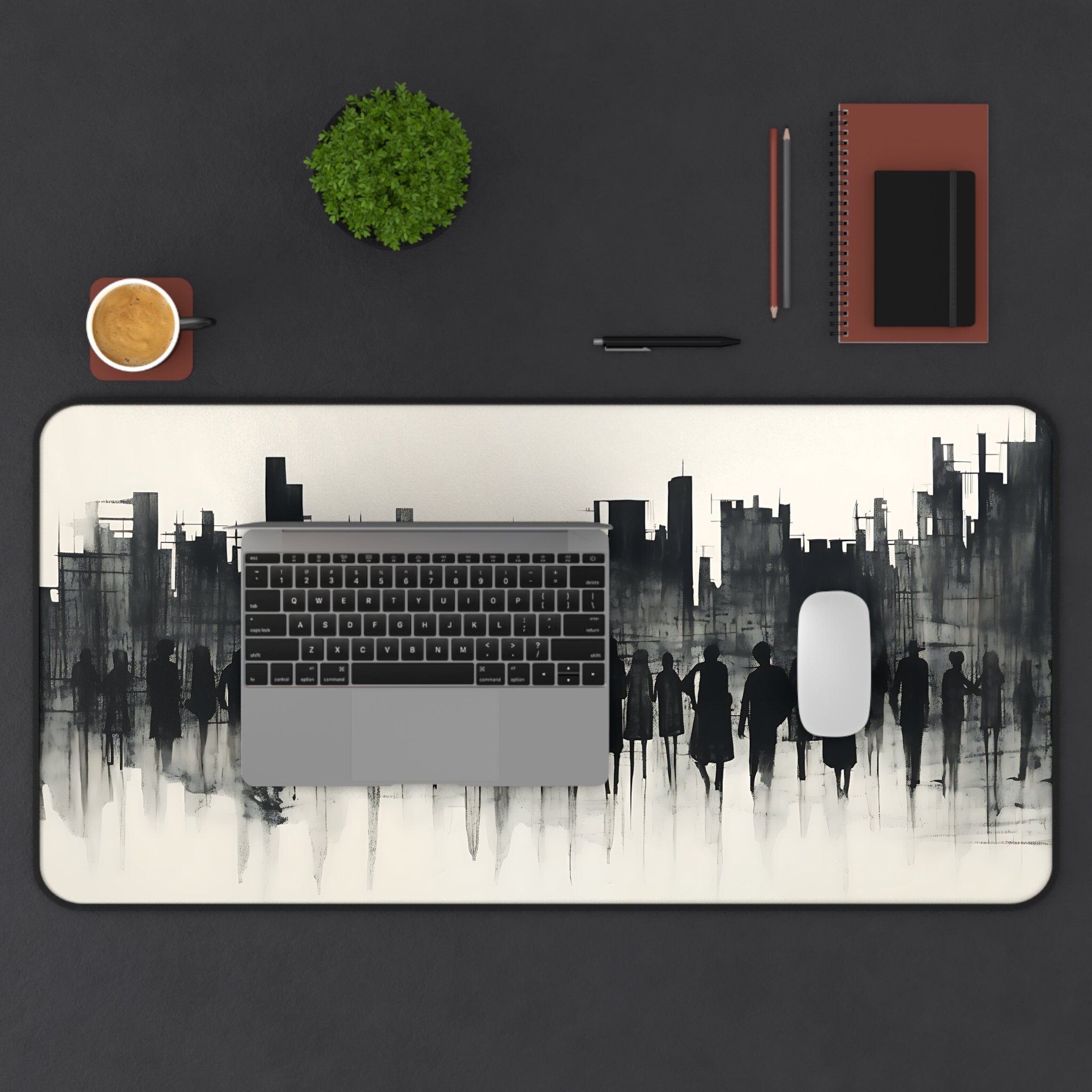 Woodcut Crowd in a Big City Desk Mat | Black and White Extended Mouse ...
