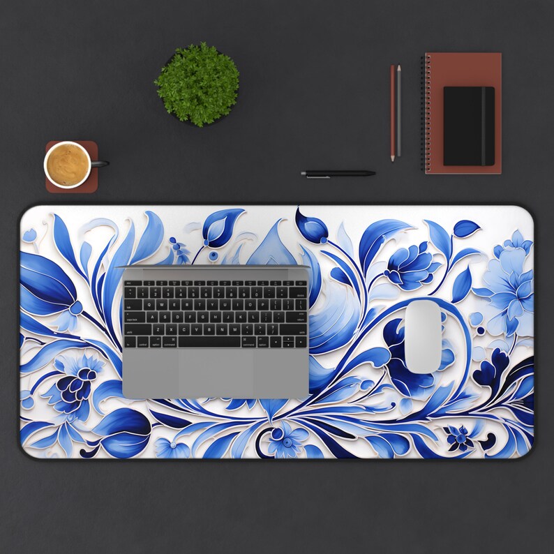Moroccan Floral Desk Mat: Blue Zellij Tile Style Extended Mousepad - Etsy