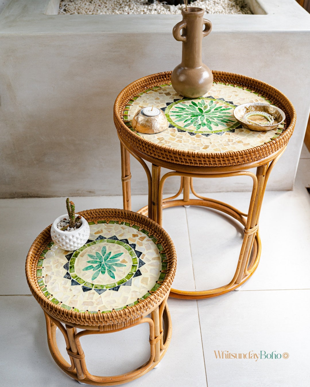 Oasis Boho Rattan Side Table Set, Bedside Table, Round Modern Coffee ...