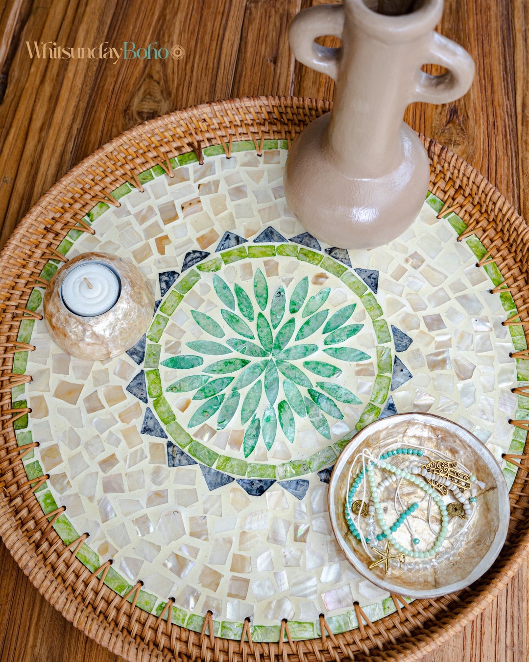 Oasis Round Rattan Serving Tray, Boho Handwoven Display Tray, Boho ...