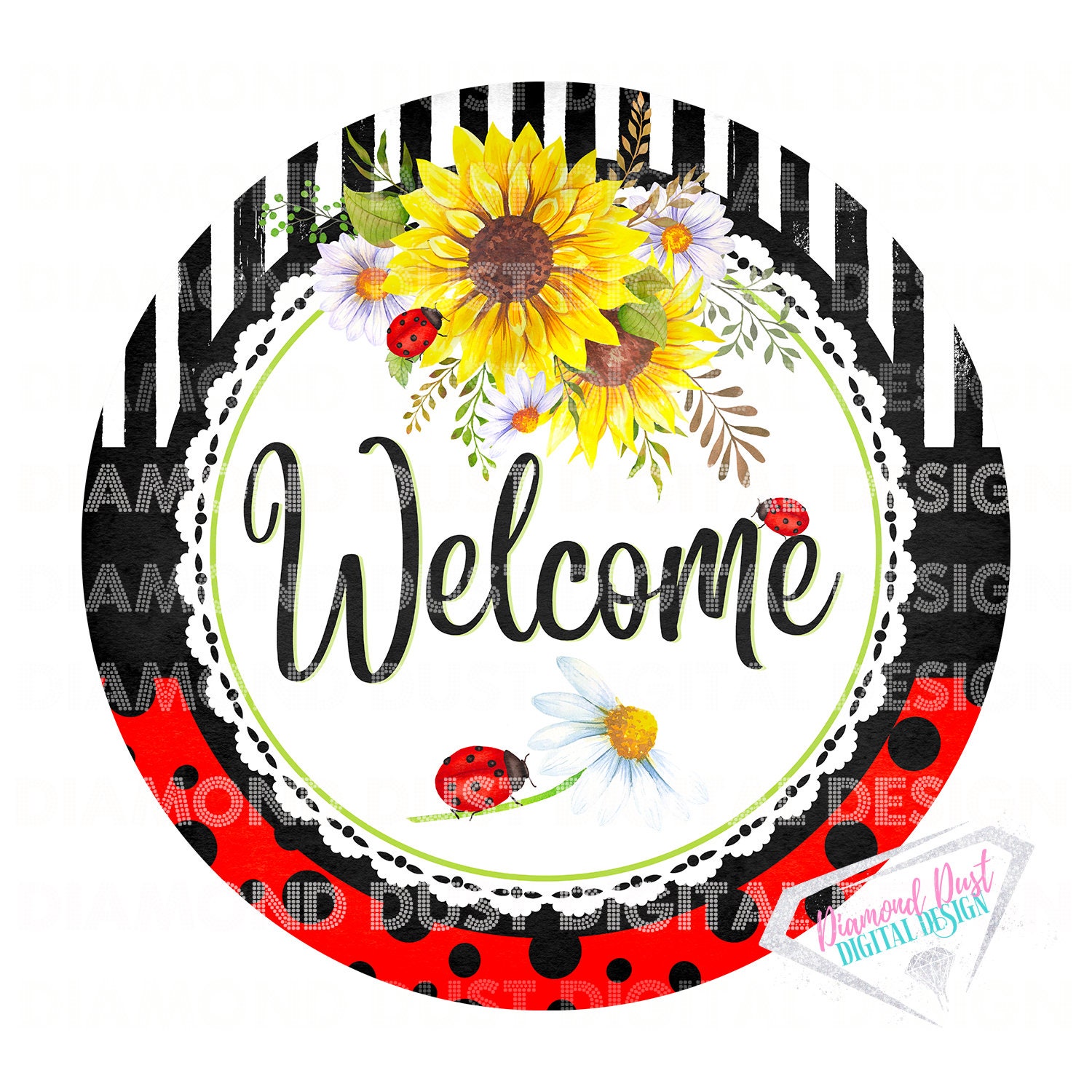 Ladybug Welcome Round PNG Digital Print. Sublimation Design, Wreath ...