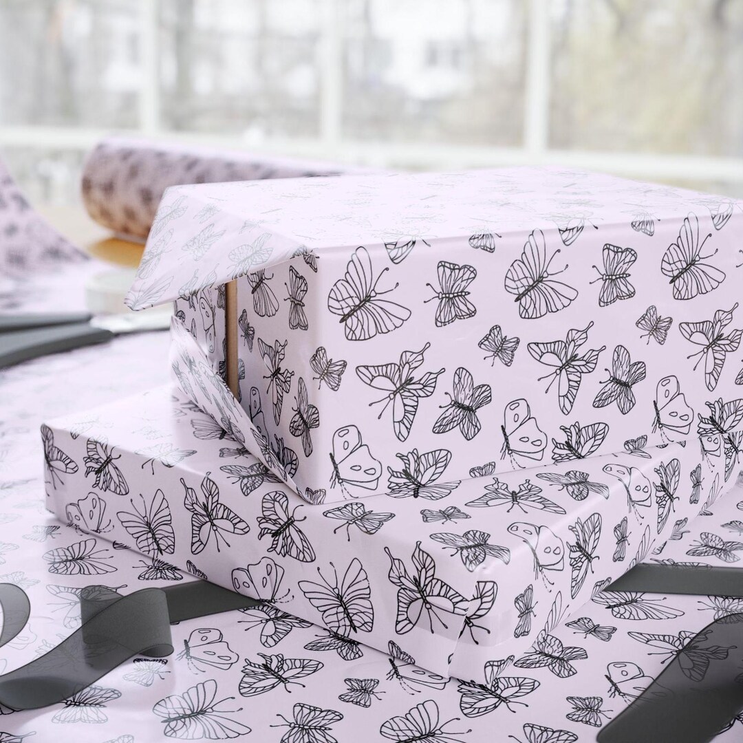 Wrapping Paper, Line Art Butterfly Gift Wrap, Minimalist Moth Present ...
