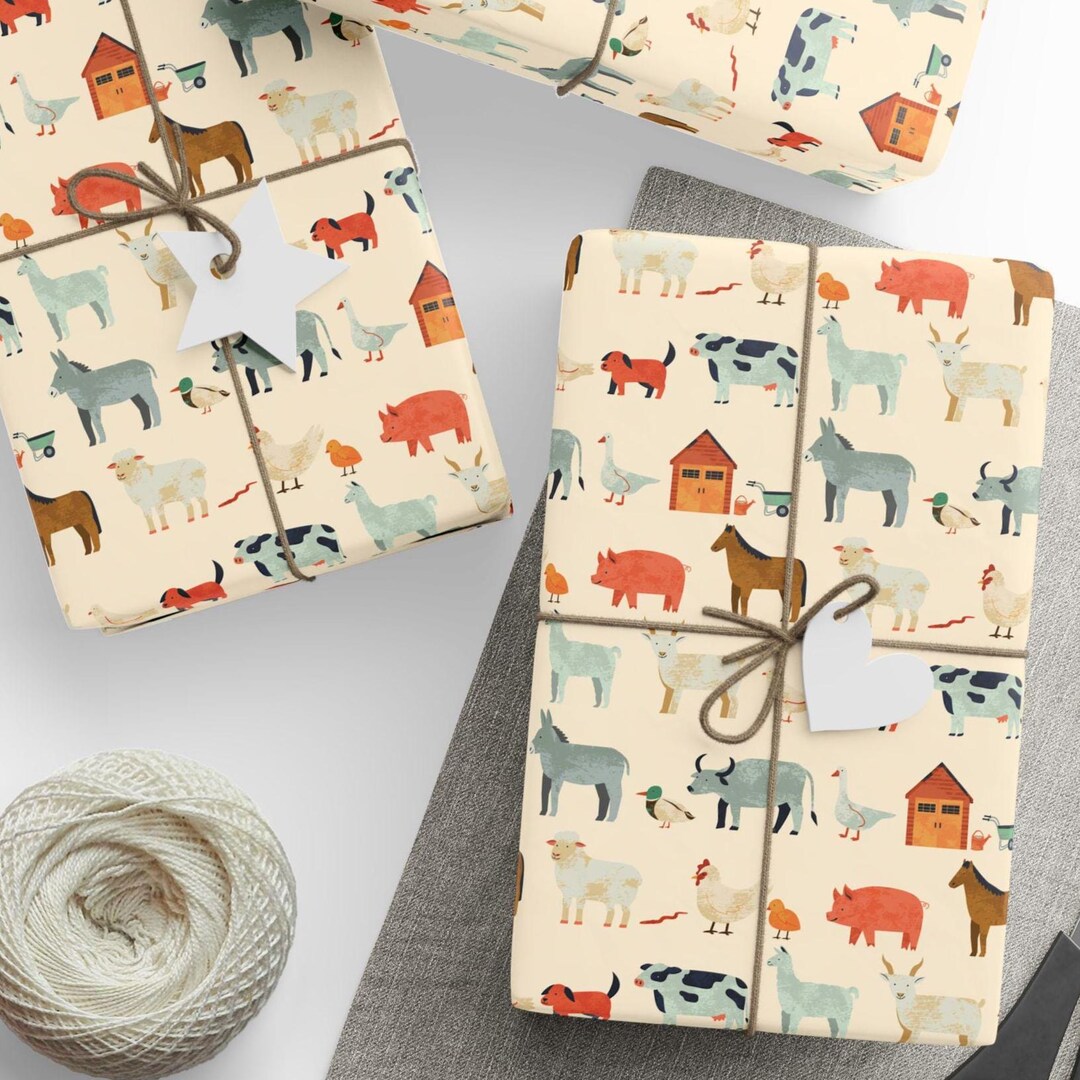 Cute Farm Animal Wrapping Paper, Barnyard Birthday Gift Wrap for Kids ...