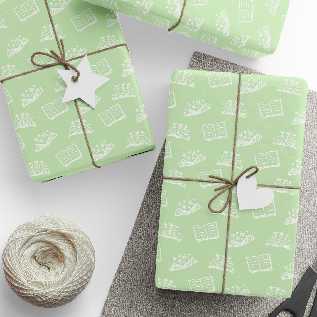 Sage Green Open Book Wrapping Paper - Botanical Bookworm Gift Wrap ...