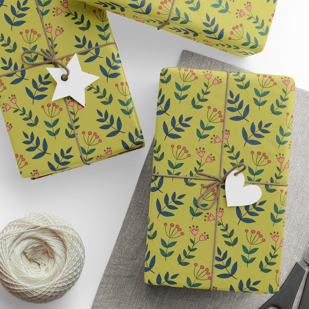 Lime Green Floral Wrapping Paper | Botanical Leaf Gift Wrap | Folk Art ...