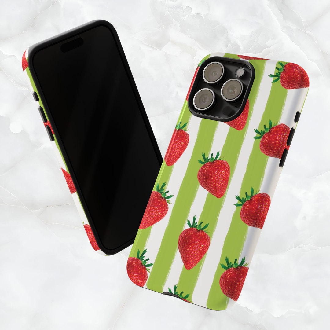 Pastel Green Stripes Red Strawberry Pattern Phone Case, Retro Aesthetic ...