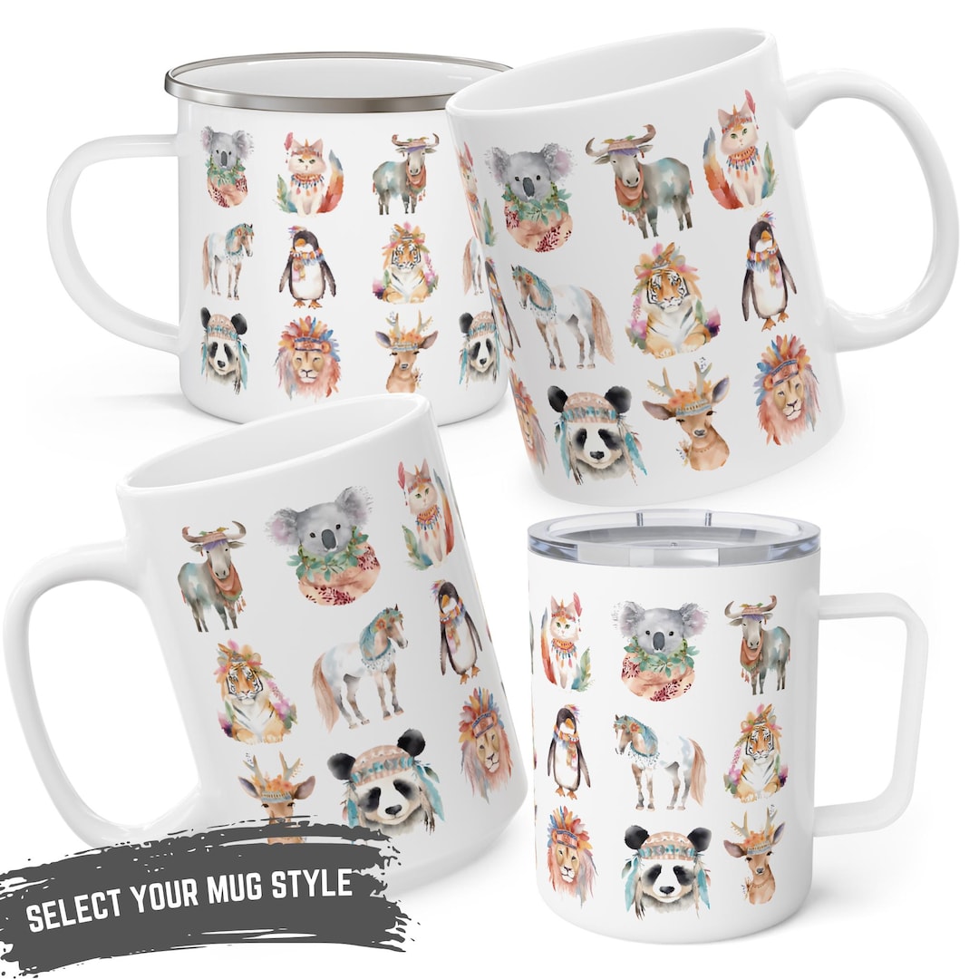 Watercolor Animal Mug - Ceramic, Enamel, or Insulated - Boho Coffee Mug ...