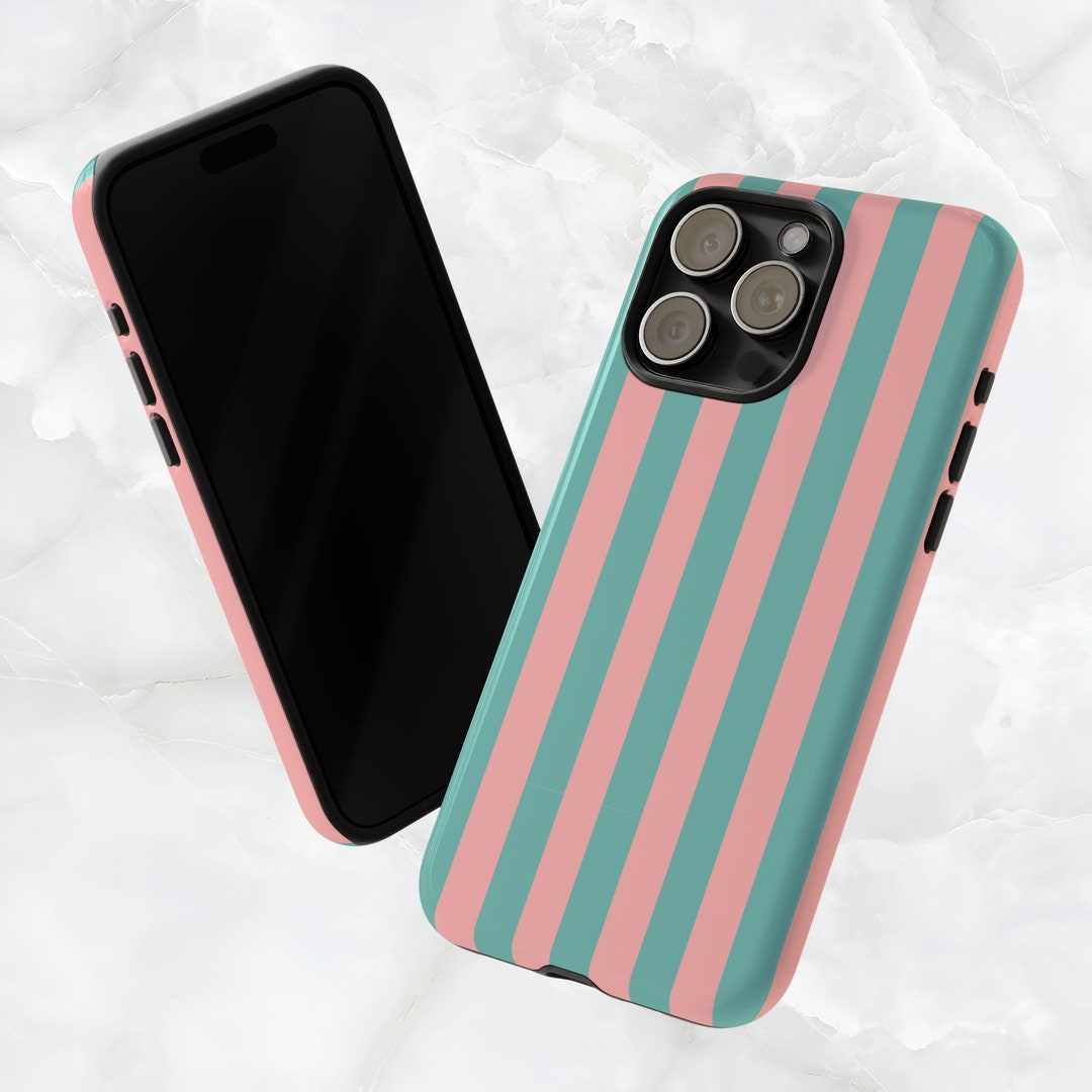 Pastel Pink Retro Striped Sapphire Green Phone Case, Retro Aesthetic ...