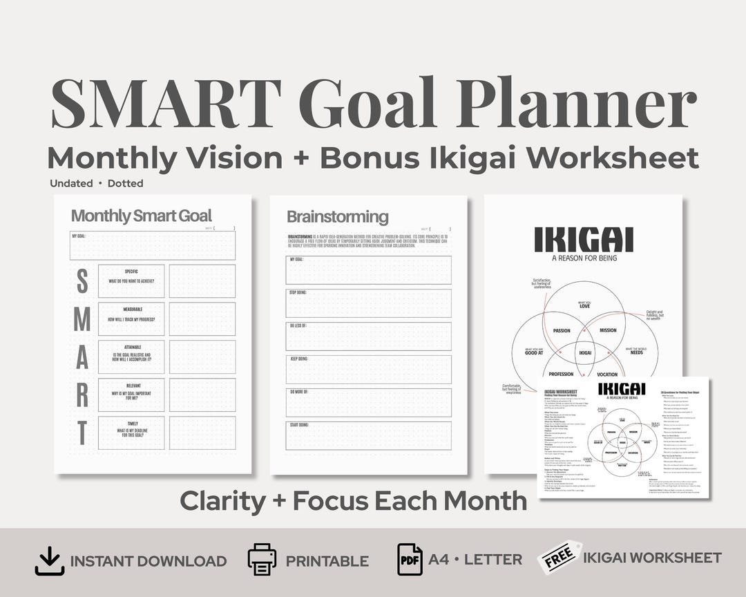 SMART Goal Planner Printable + Bonus Ikigai Worksheet | Productivity ...