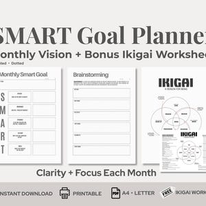 SMART Goal Planner Printable + Bonus Ikigai Worksheet | Productivity ...