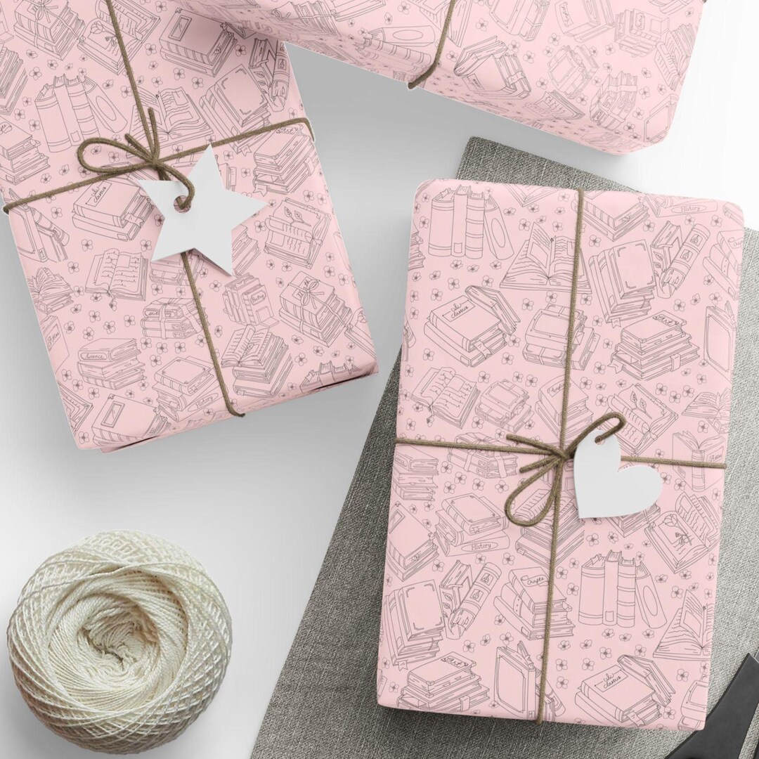 Pastel Pink Book Lover Gift Wrap, Aesthetic Stacked Books Open Pages ...