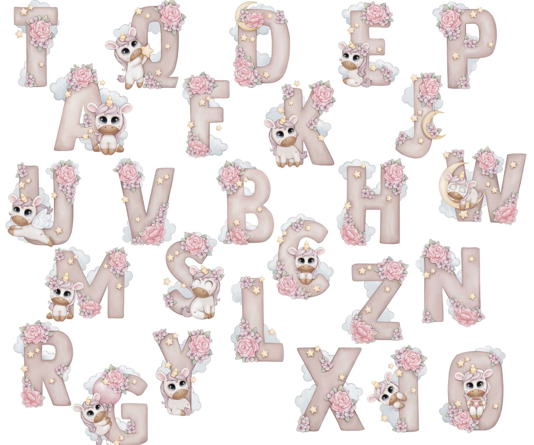 Cute Unicorn A-Z Alphabet, Unicorn Printable Lettering, Unicorn Clip ...