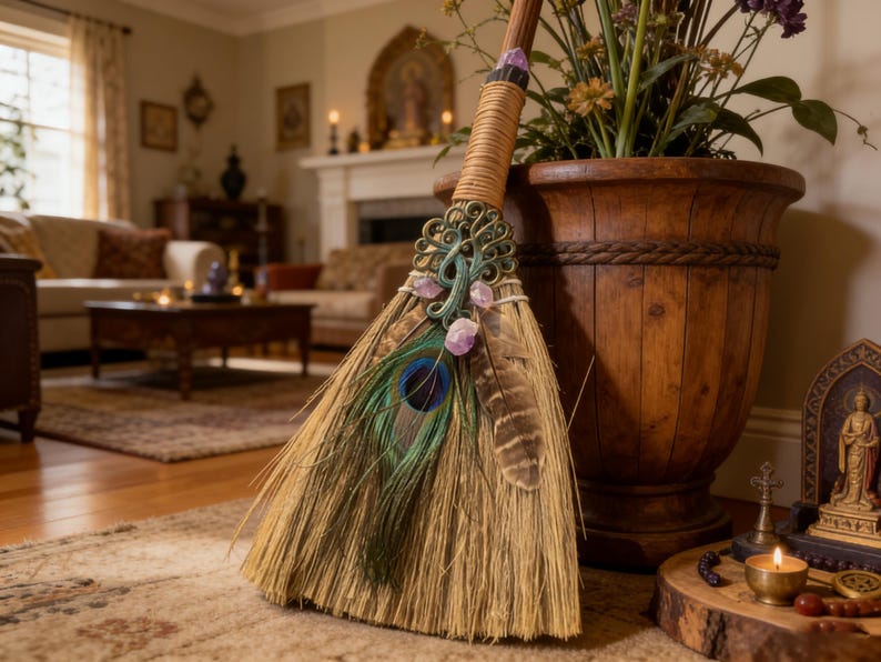 Handmade Witch Broom, Amethyst Crystal Tree of Life, Peacock Feather ...