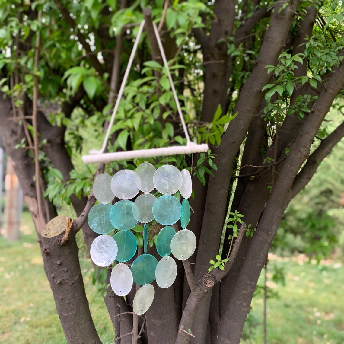 Handmade Blue Capiz Round Shell Windchimes, Hanging Shell Mobile ...