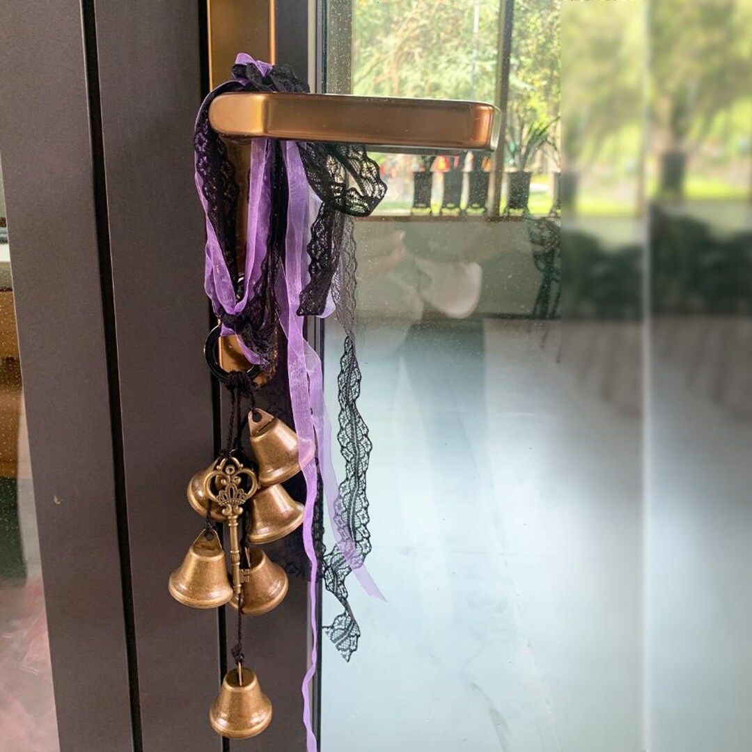 Hanging Bells With Black and Purple Lace, Celtic Door Bells, Hanging ...