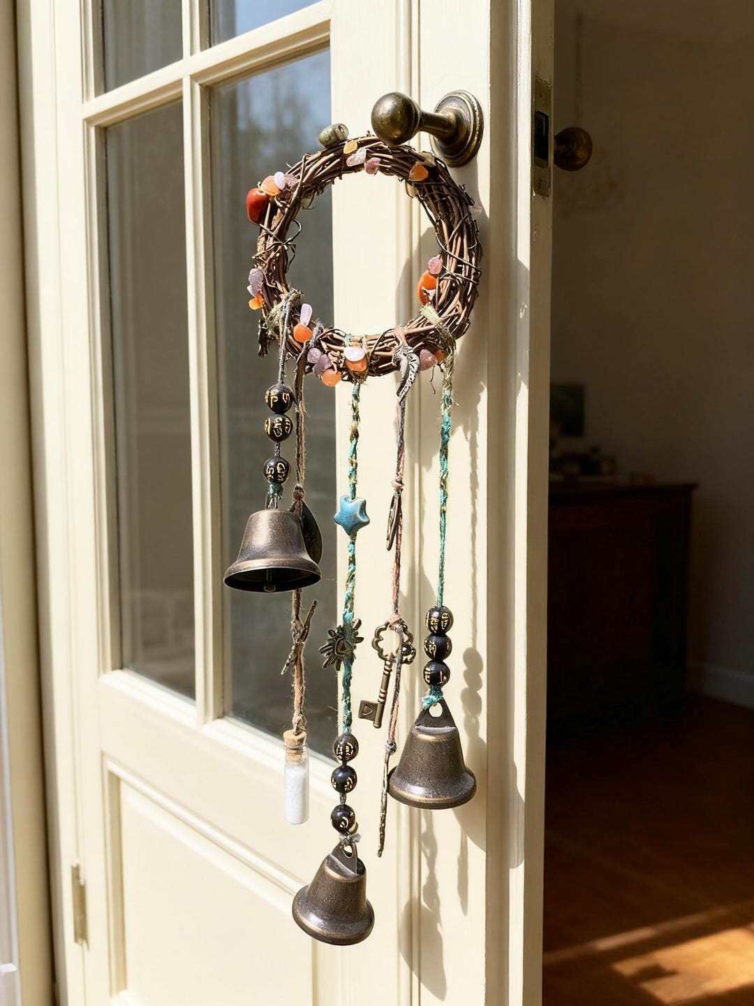 Crystal Stones Witch Bells Wreath, Magic Pentagram, Witches Charm Bells ...