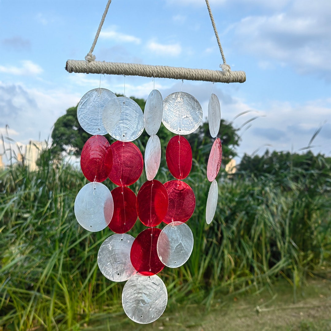 Red-white Round Capiz Wind Chime, Sun Cather Chime for Outdoor ...
