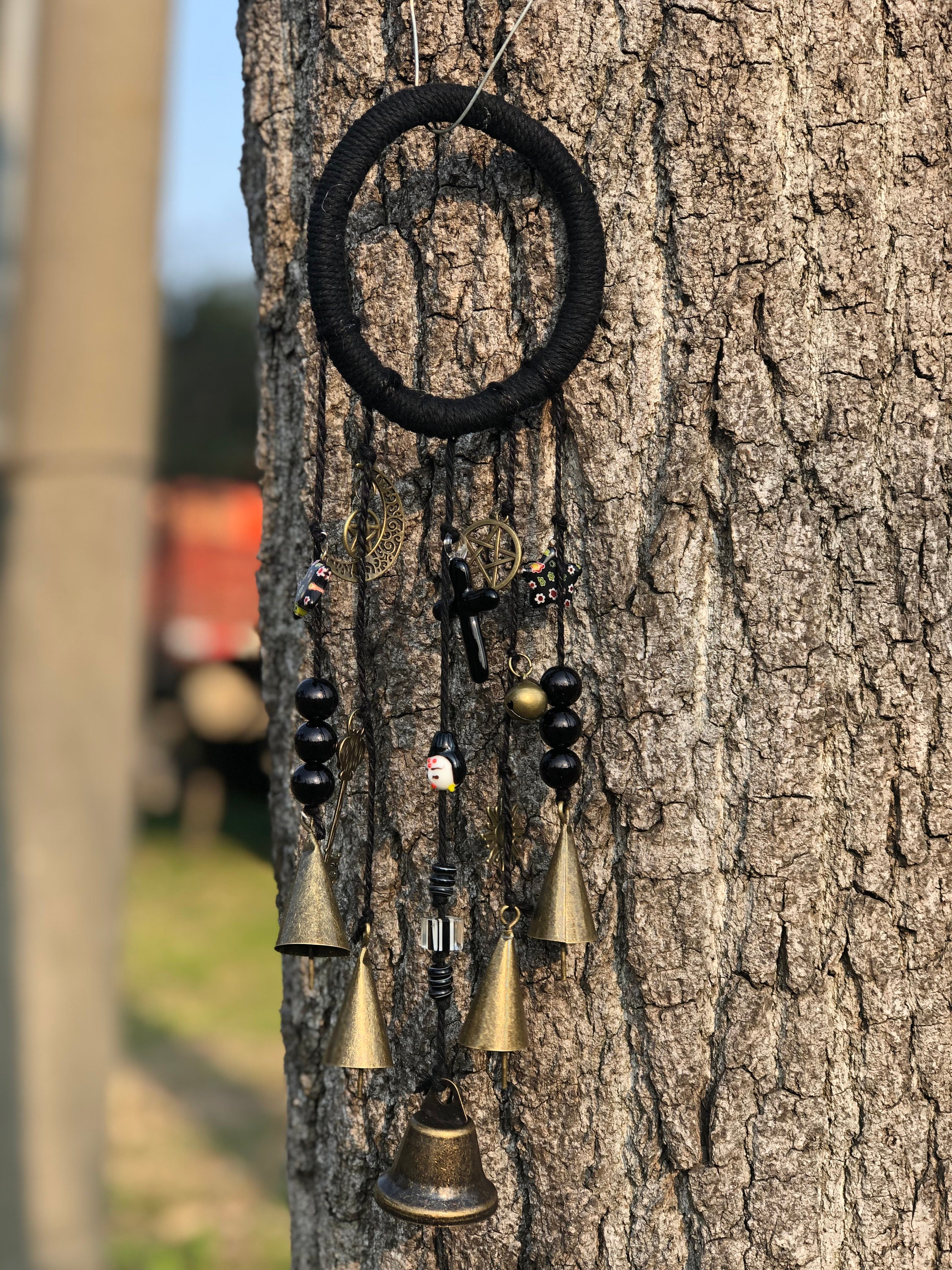 Entry Way Protection Bells, Black Loop Chime With 5 Brass Bells Door ...