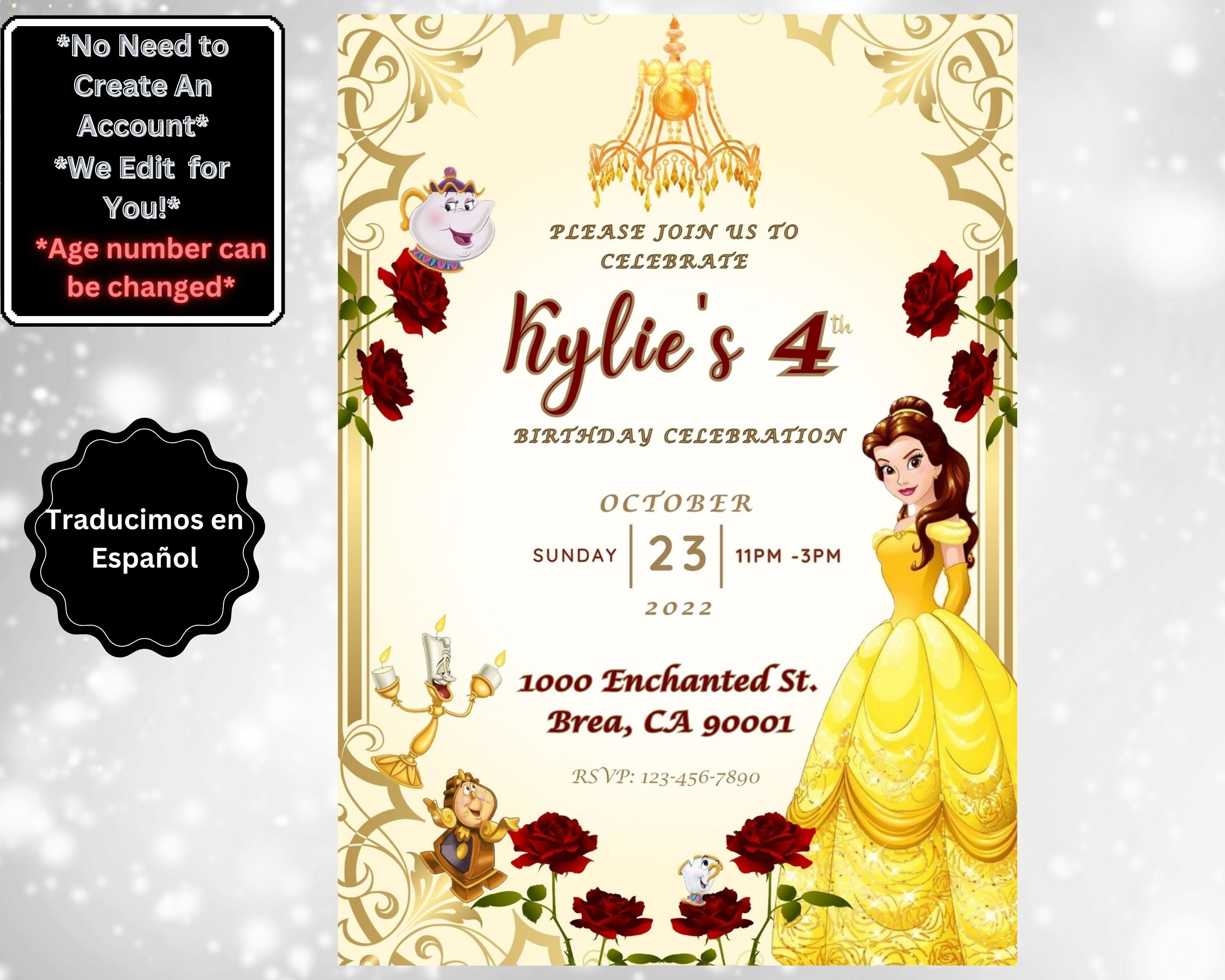 Editable Princess Belle Birthday Invitation, Belle Rose Invite ...