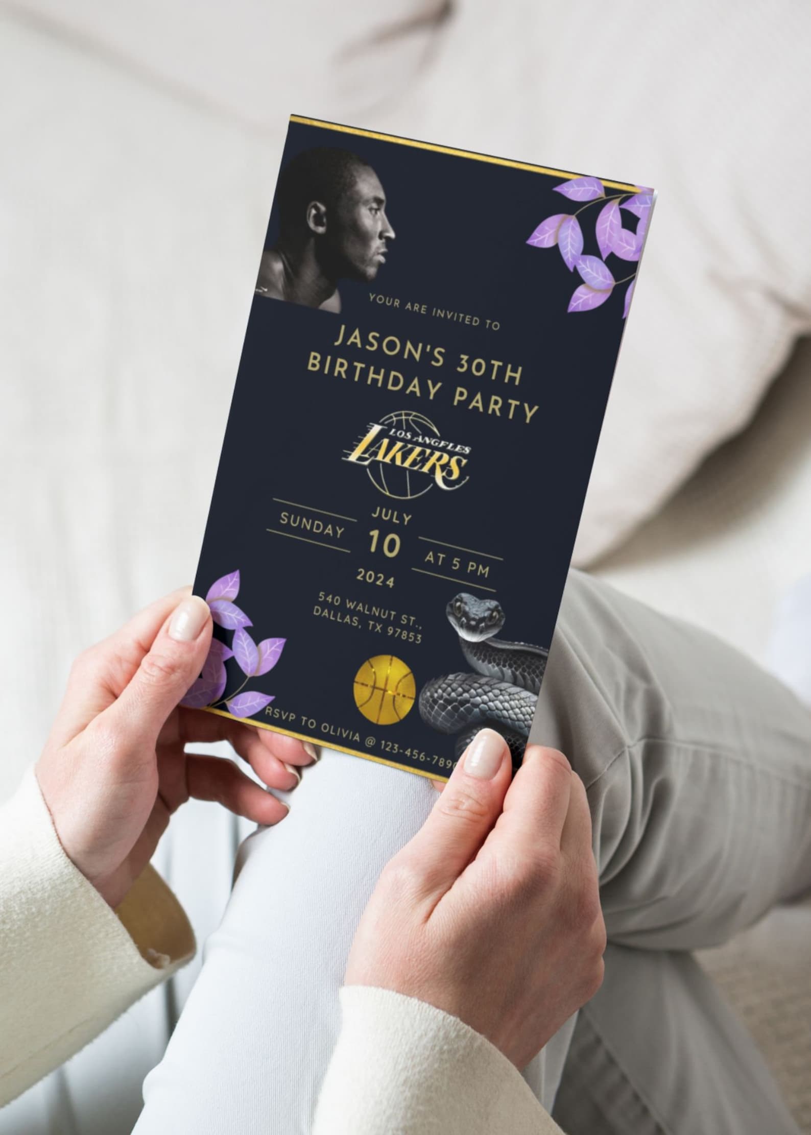 Editable Lakers Kobe Bryant Black Mamba Basketball Birthday Invitation ...