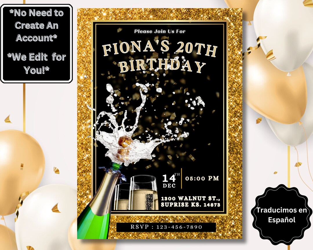 Editable Champagne Birthday Invitation, Black and Gold Glitter Invite ...