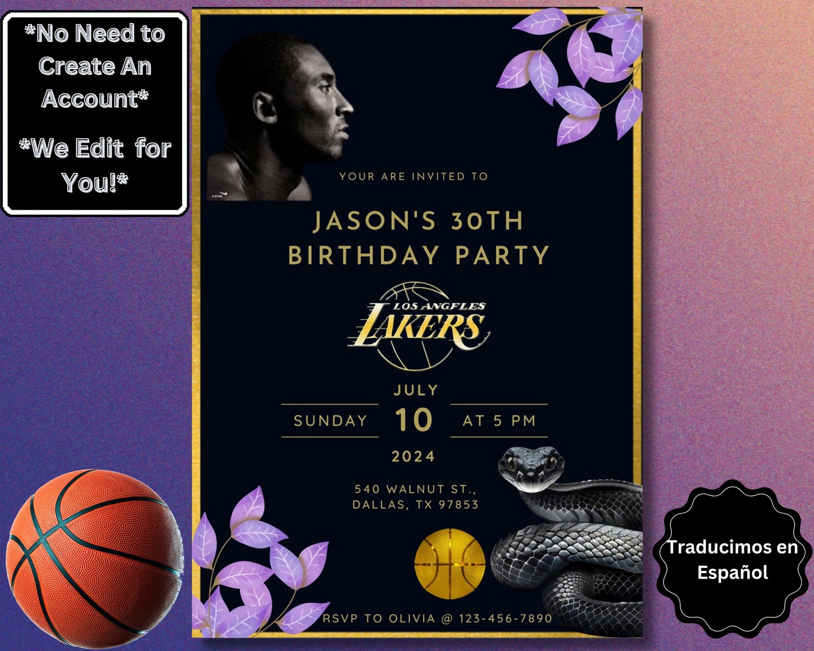 Editable Lakers Kobe Bryant Black Mamba Basketball Birthday Invitation ...