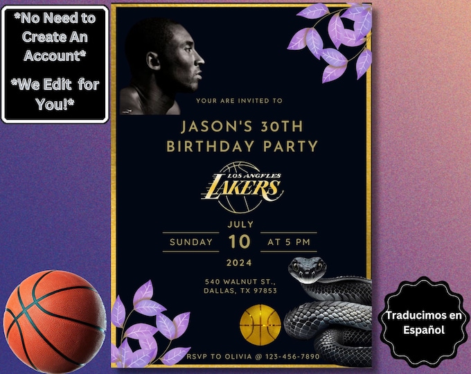Editable Lakers Kobe Bryant Black Mamba Basketball Birthday Invitation ...