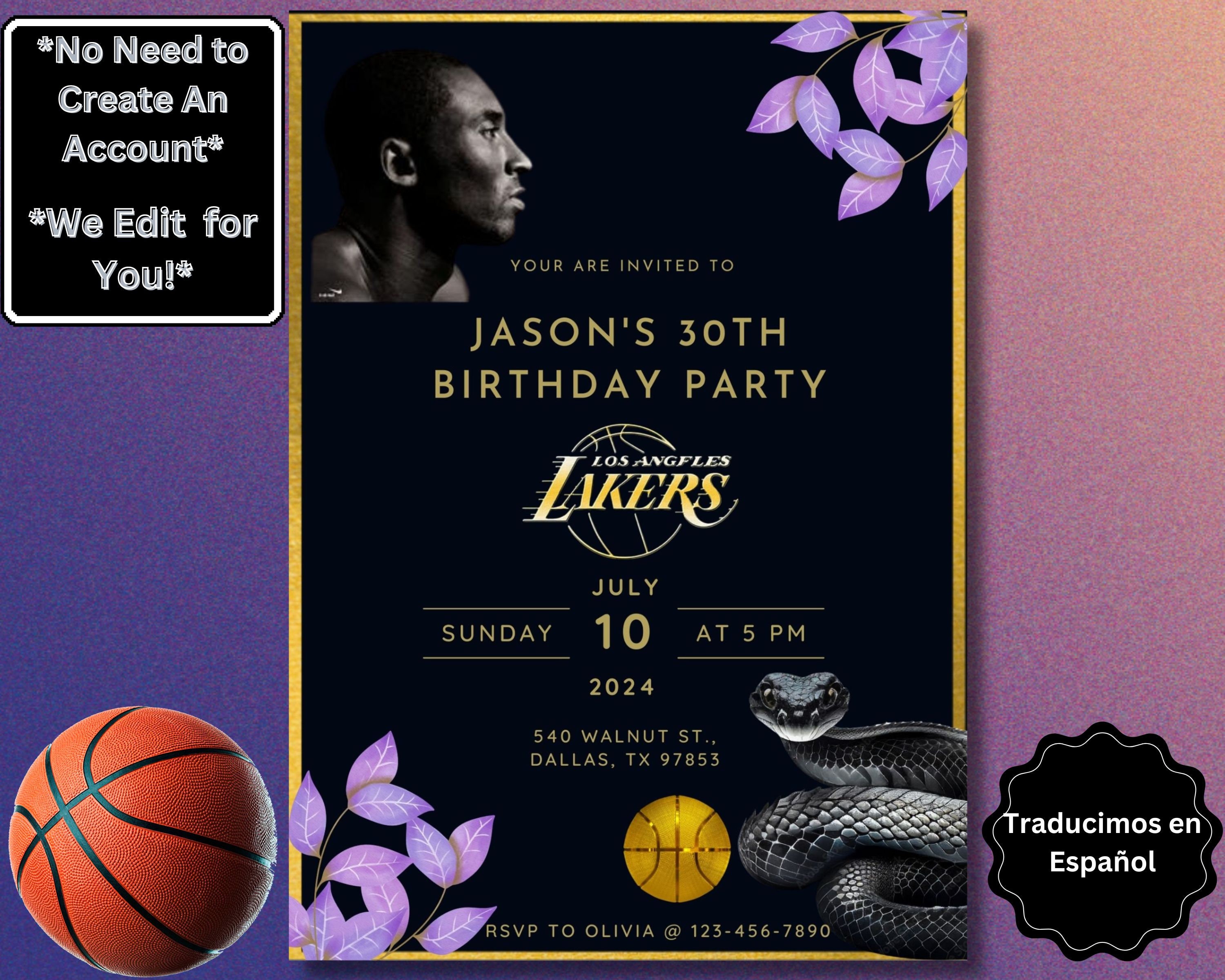 Editable Lakers Kobe Bryant Black Mamba Basketball Birthday Invitation ...