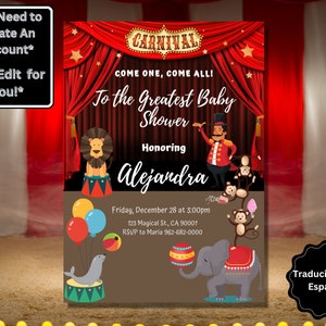 Editable Circus Animal Baby Shower Invitation | Carnival Baby Shower ...