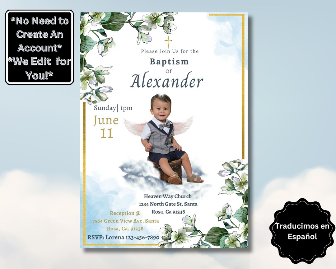 Editable Baptism With Picture Angel Wings, White Flowers Clouds Digital ...