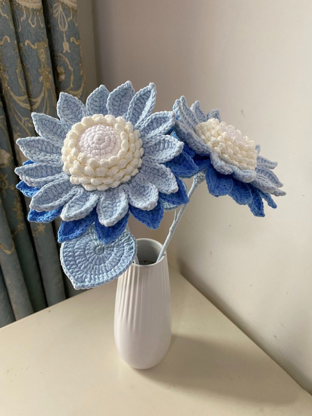 Crochet Blue Sunflower Bouquet Beautiful Room Decor Knitted Flowers ...