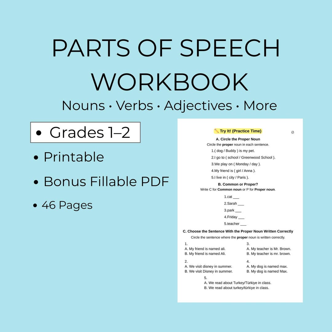 Grammar Workbook | Parts of Speech, Grades 1-2 (printable & Fillable ...