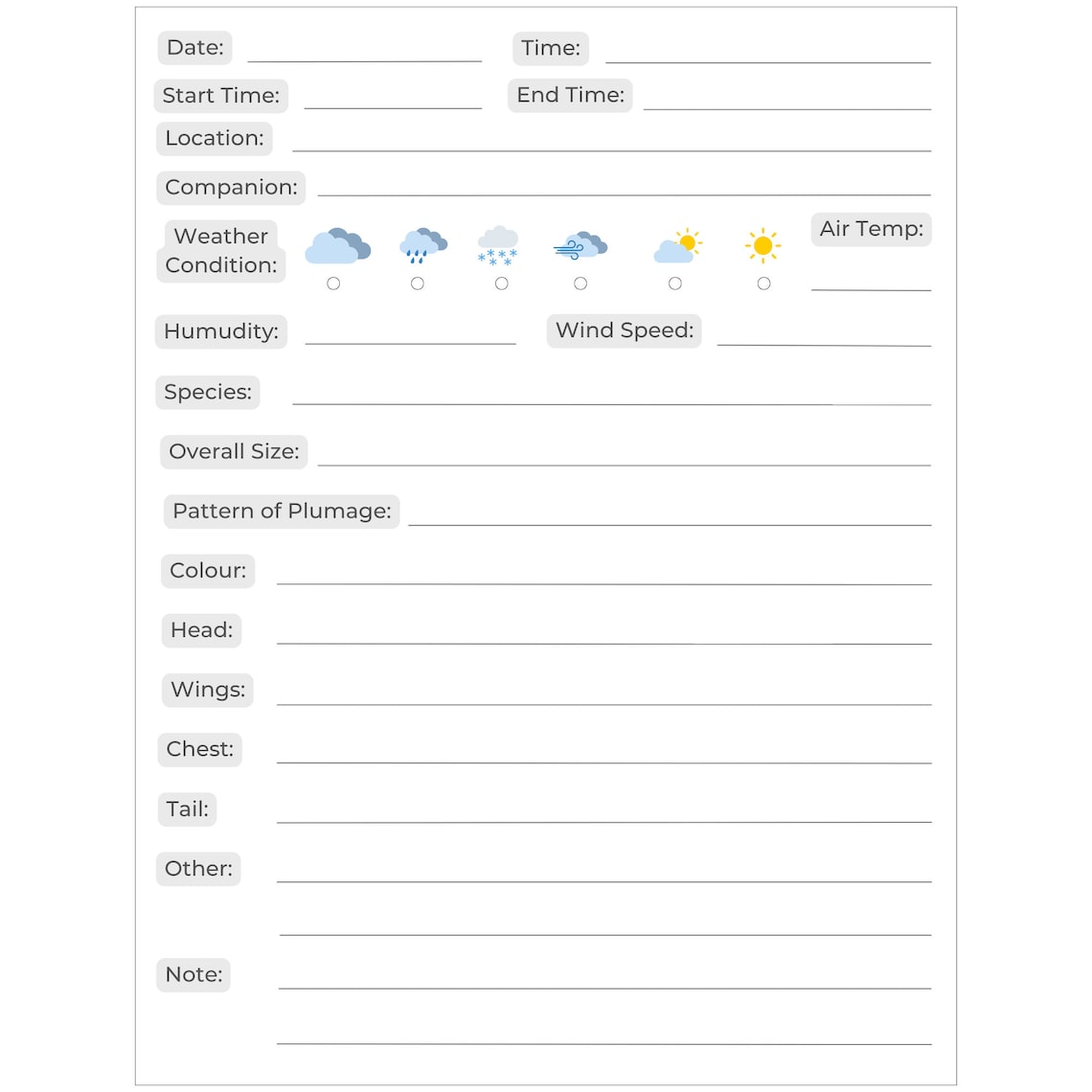 Instant Download ,digital Fillable and Printable Bird Watching Log ...