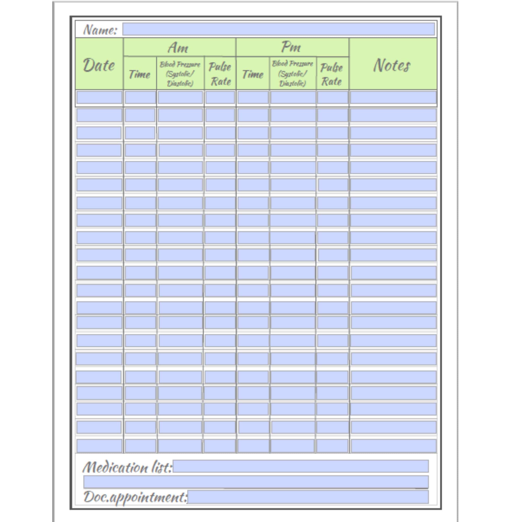 Instant Download,printable/fillable Blood Pressure and Heart Rate Daily ...