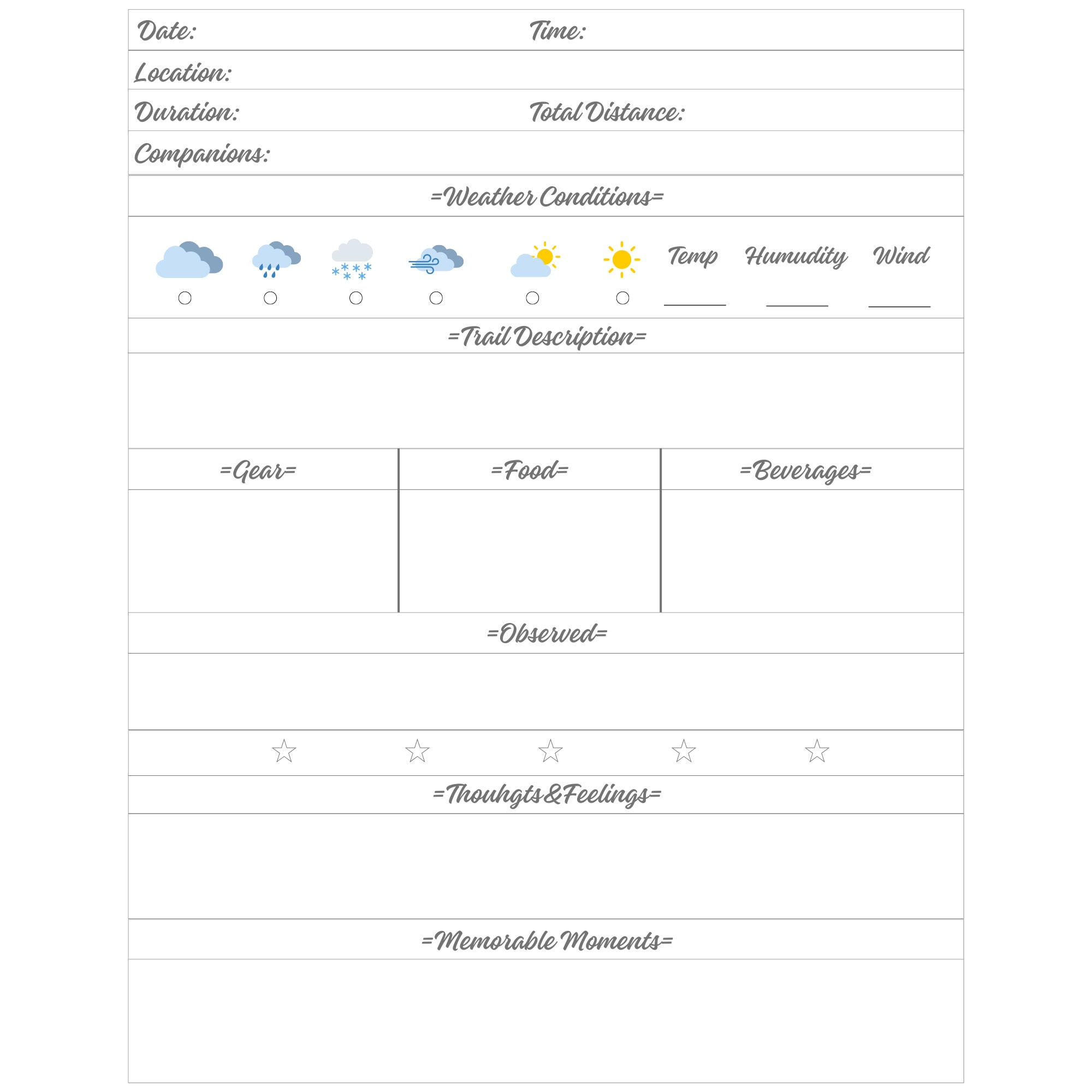 Printable and Digital Fillable Hiking,trail Log Sheets - Etsy
