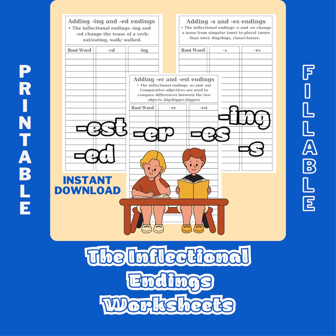 Printable and Digital Fillable the Inflectional Endings Worksheets for ...