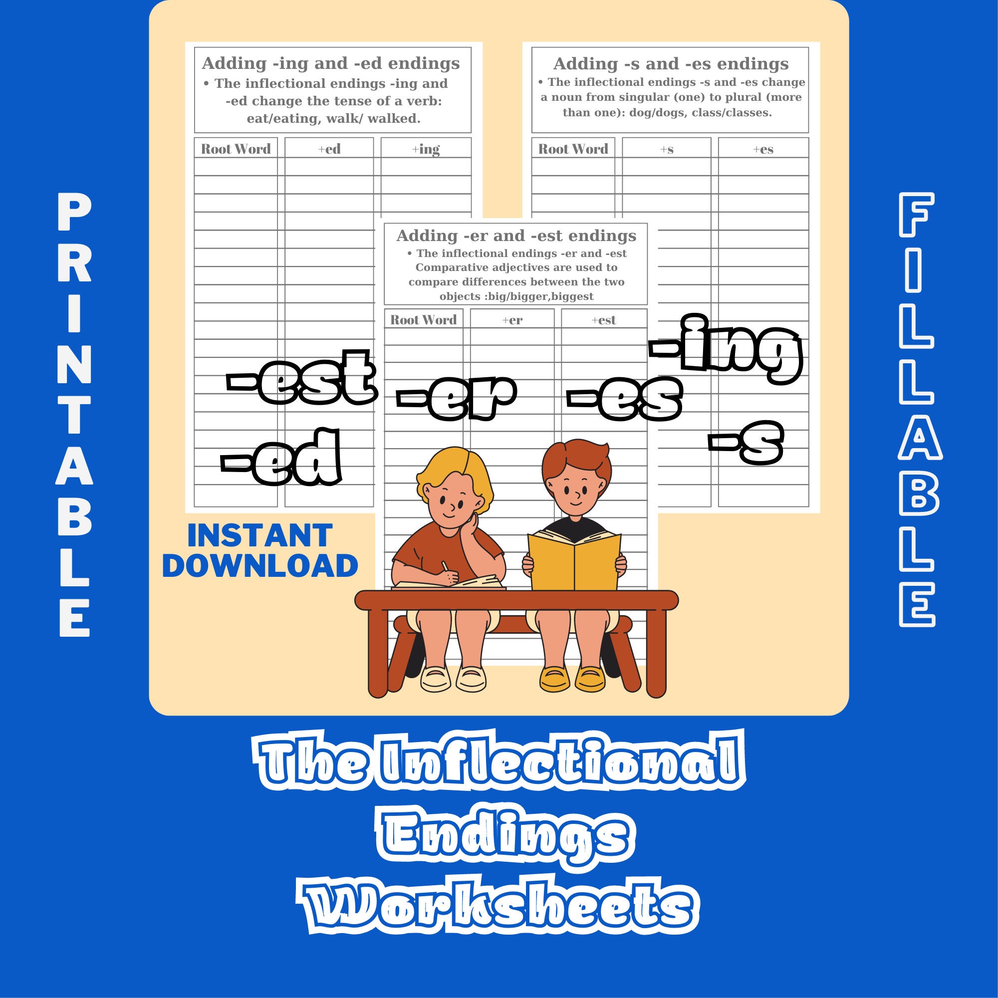 Printable and Digital Fillable the Inflectional Endings Worksheets for ...