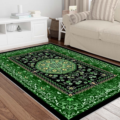Emerald Green Rug Black Rug Floral Pattern Rug Washable - Etsy