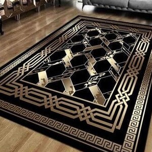 Golden Striped Black Rug, Gold Luxury Rug, for Living Room and Bedroom ...