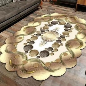 Golden Pattern Beige Rug, Gold Luxury Rug, for Living Room and Bedroom ...
