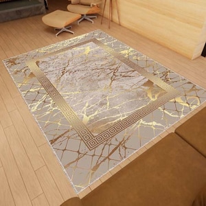 Golden Marble Beige Rug, Beige Gold Rug, Washable Area Rugs, Rugs for ...