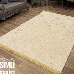 Gold Fur Carpet, Beige With Gold Feather Rug, Leather Sole Rug, Faux ...