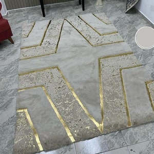 Beige Fur Carpet, Beige With Gold Fur Rug, Shaggy and Leather Carpet ...