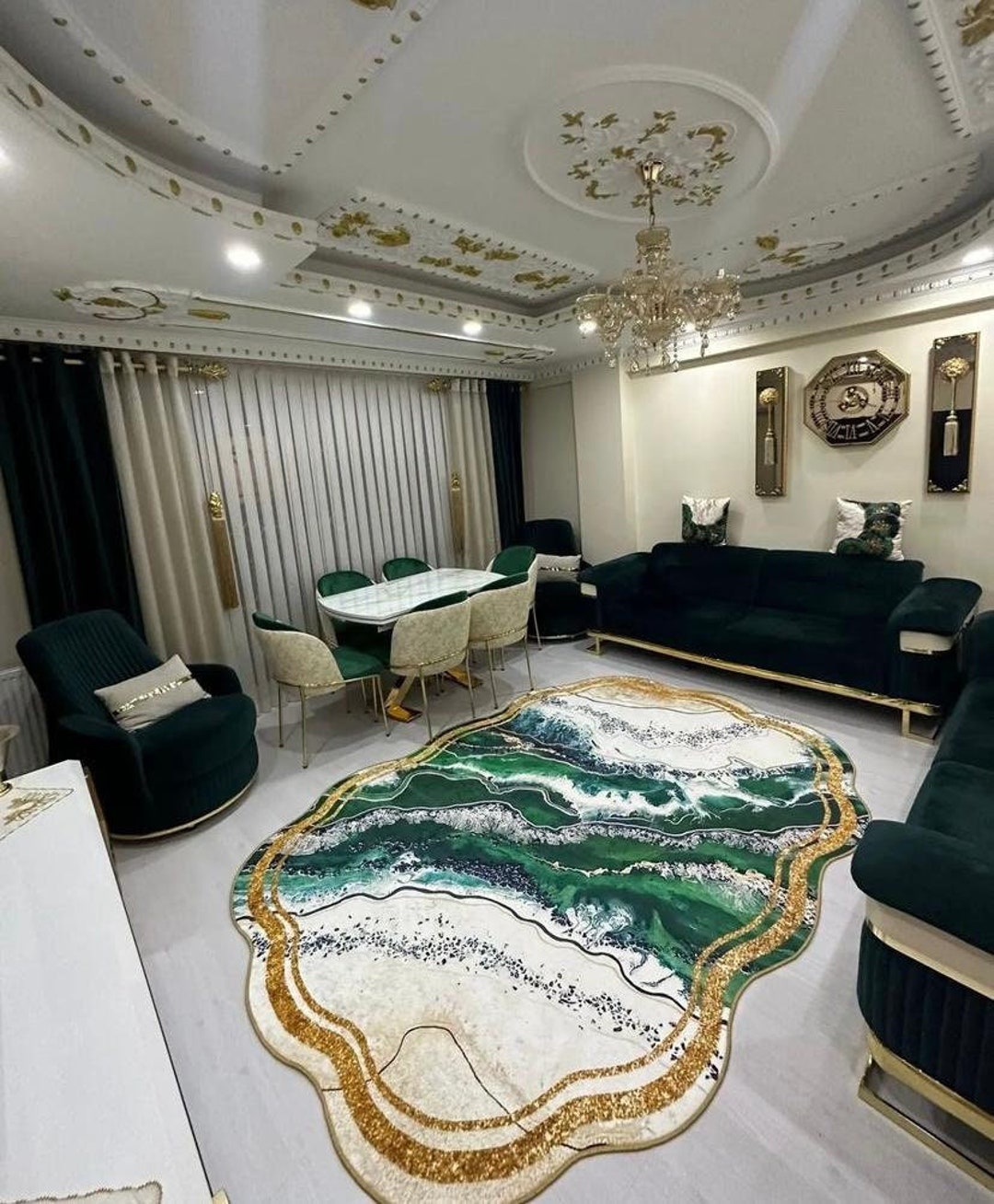 Emerald Green Marble Gold Rug, Asymmetric Cut Rug, Rugs for Living Room ...