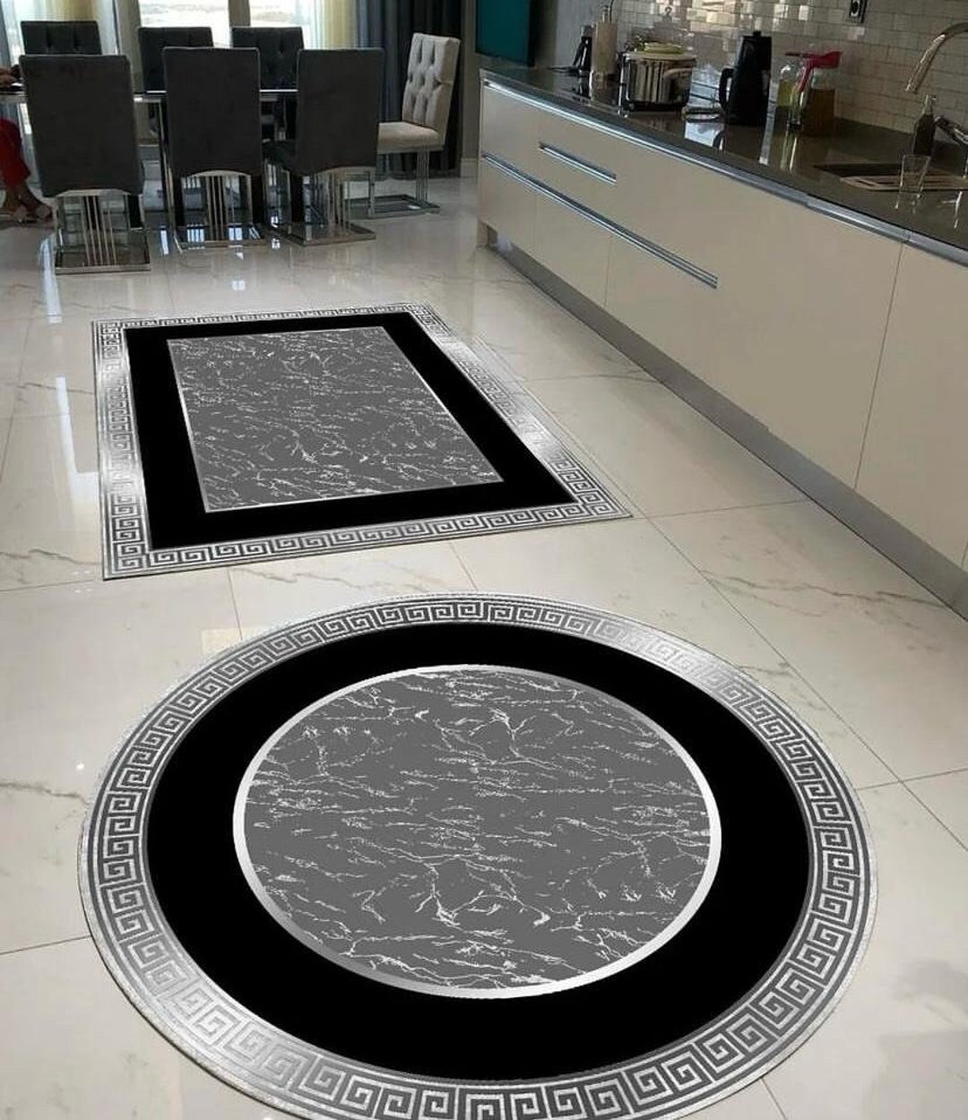 Silver Striped Black Rug, Silver Luxury Rug, for Living Room and ...