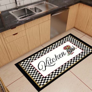 Kitchen Written Rug, White Black Checker Rug, Washable Rug, Kitchen Rug ...