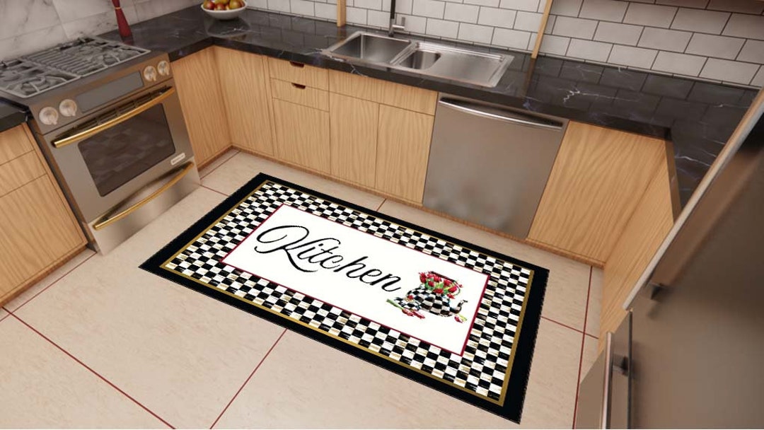 Kitchen Written Rug, White Black Checker Rug, Washable Rug, Kitchen Rug ...