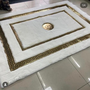 White Fur Carpet, White With Golden Fur Rug, Shaggy and Leather Carpet ...