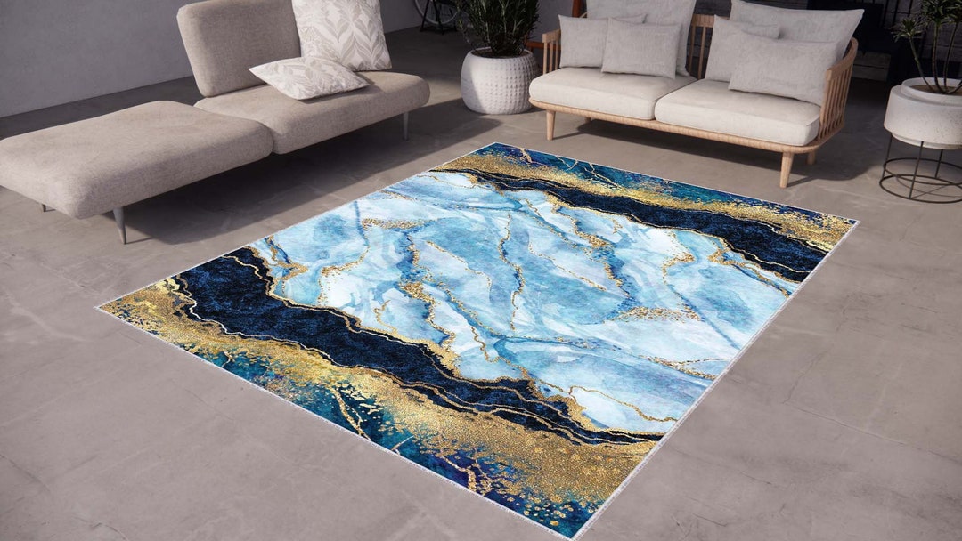 Navy and Blue Marble Rug, Rugs for Living Room, Rug for Bedroom ...